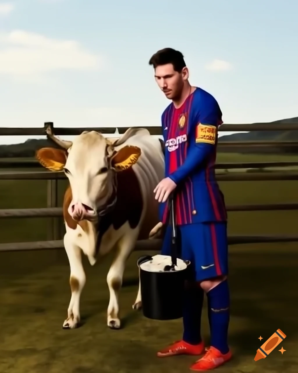 Lionel Messi in Barcelona uniform milking a cow on a sunny farm on Craiyon
