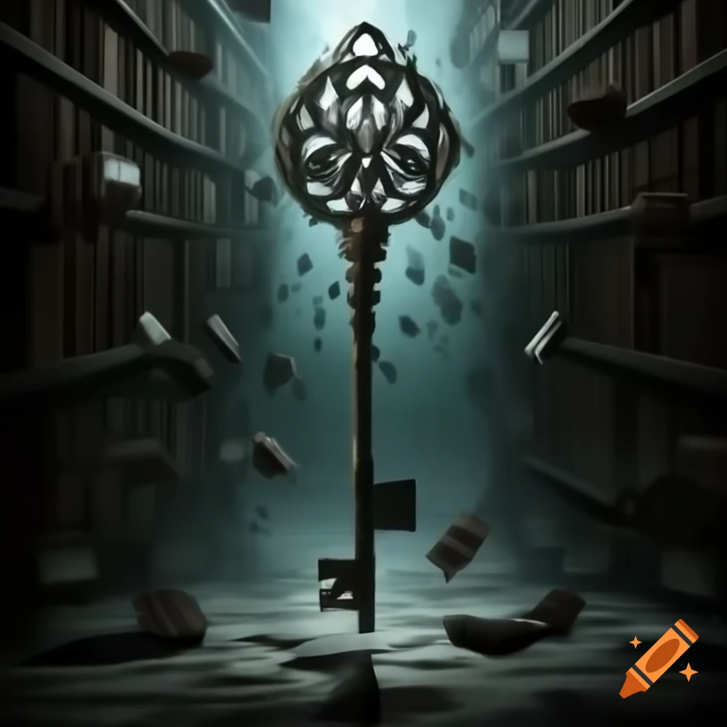 Ancient magical key floating with blue glow and intricate symbols on ...