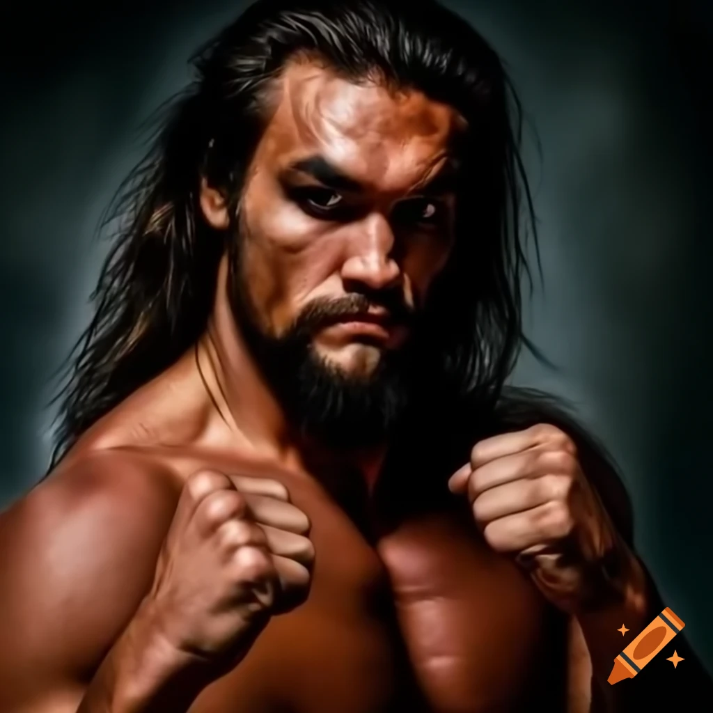 Youthful portrait of Jason Momoa as Stoic tribal fighter in painterly ...