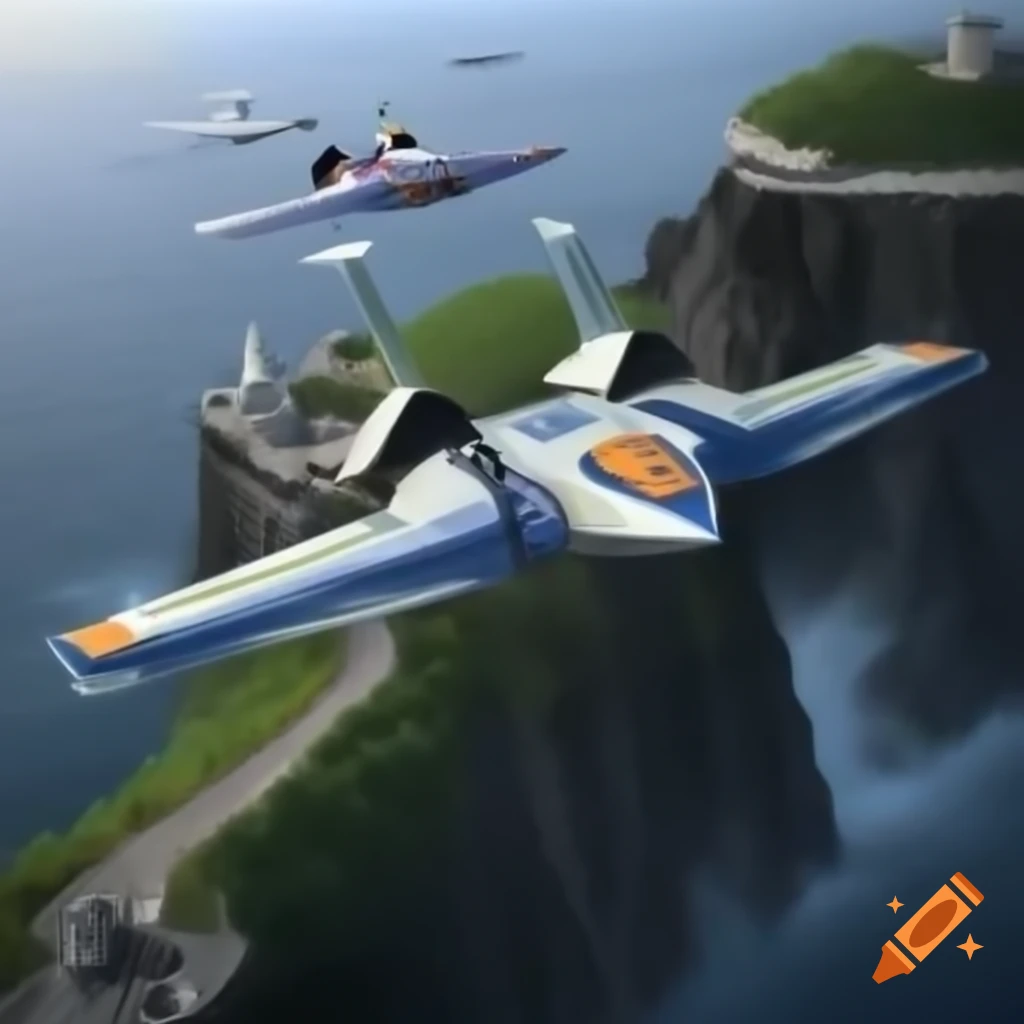 Futuristic colorful warplanes flying over lighthouse fortress on cliff ...