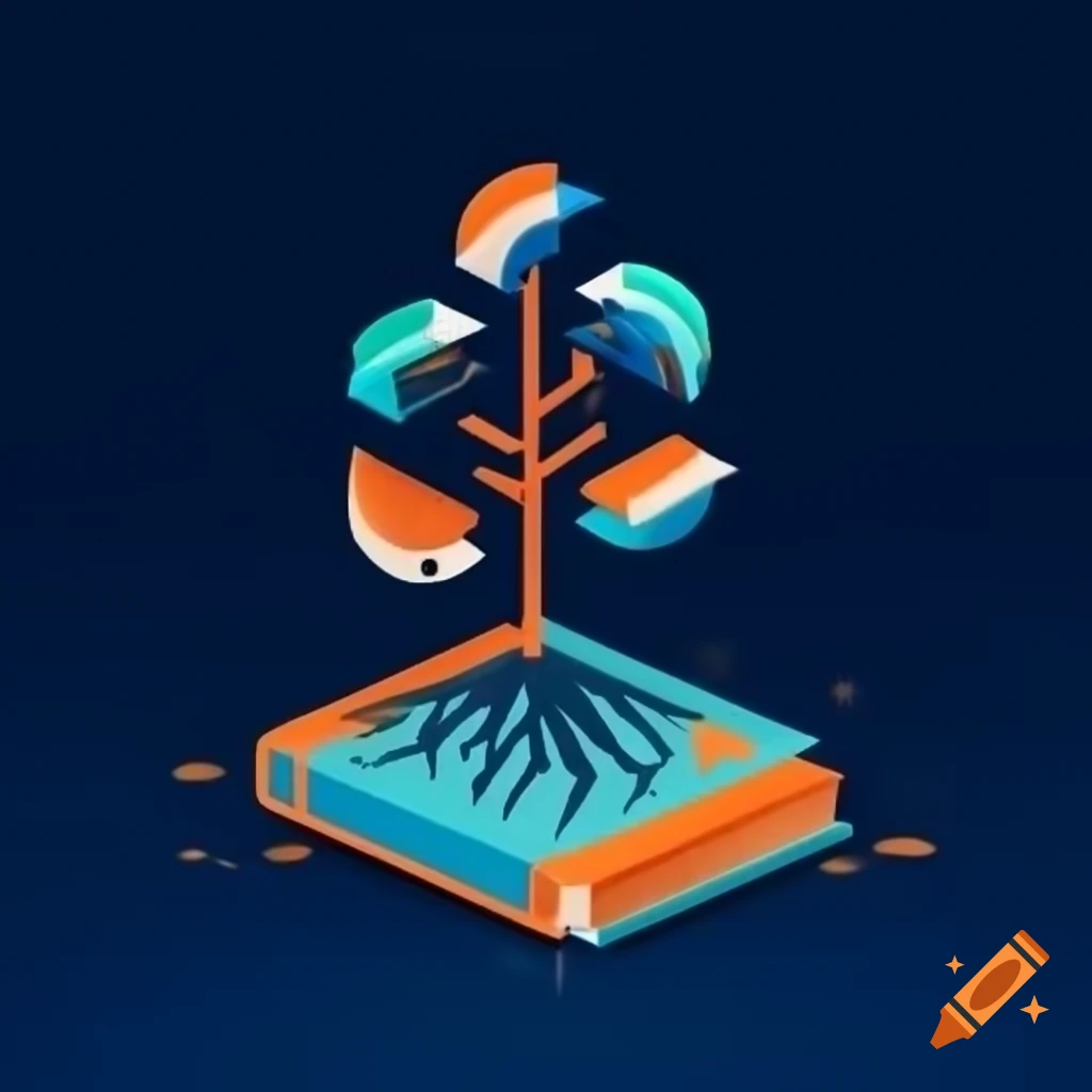 Abstract tree with book-like roots and upward arrow trunk symbolizing ...
