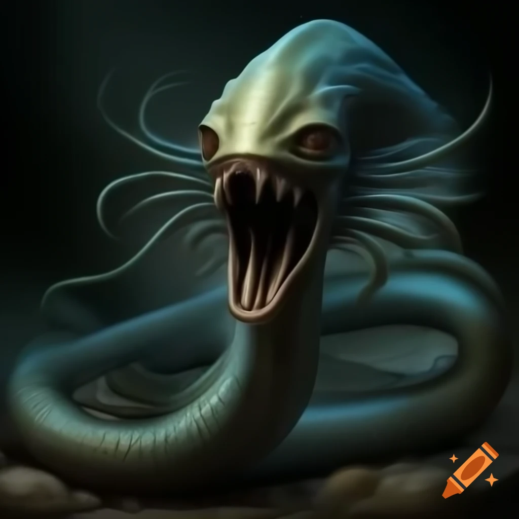 Eerie alien creature resembling elongated, iridescent eel with rippled ...