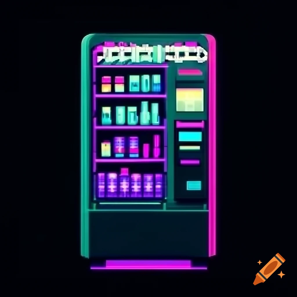 Pixel-art synthwave style vending machine interface on Craiyon