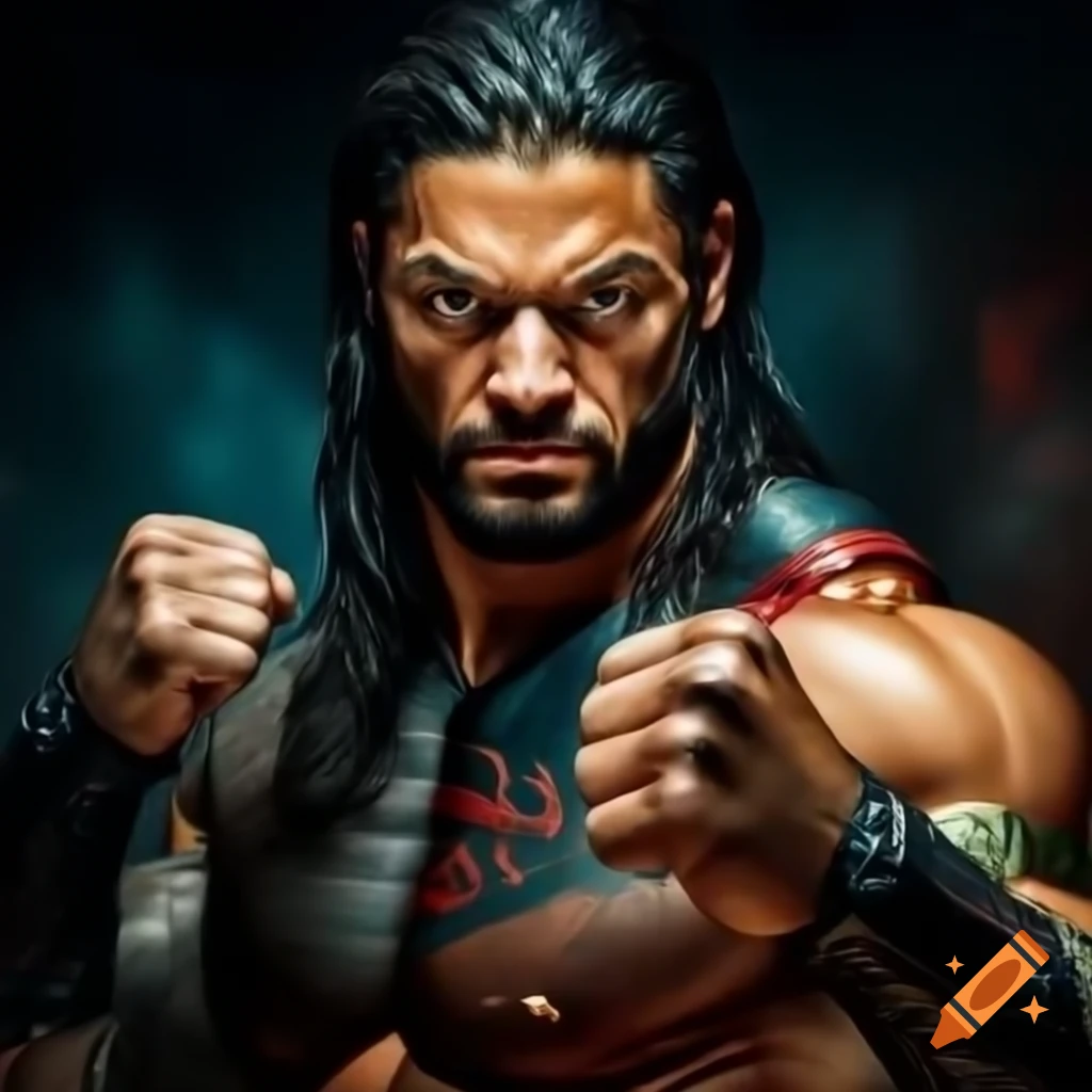 Portrait of Roman Reigns as a stoic tribal fighter with clenched fist ...