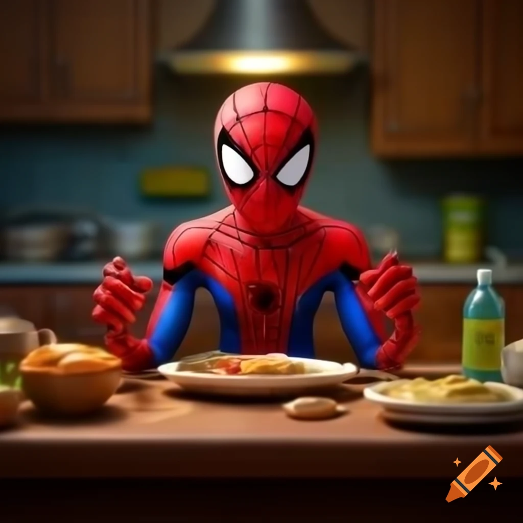 Spider-Man preparing a feast in cozy kitchen, Pixar-style illustration ...