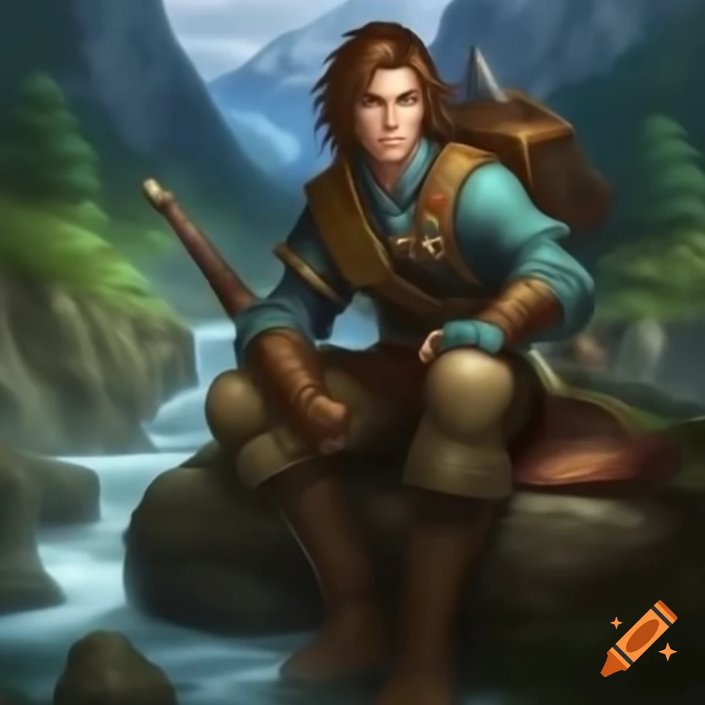 Young man in adventurer's outfit with dagger and sword sitting on rock ...