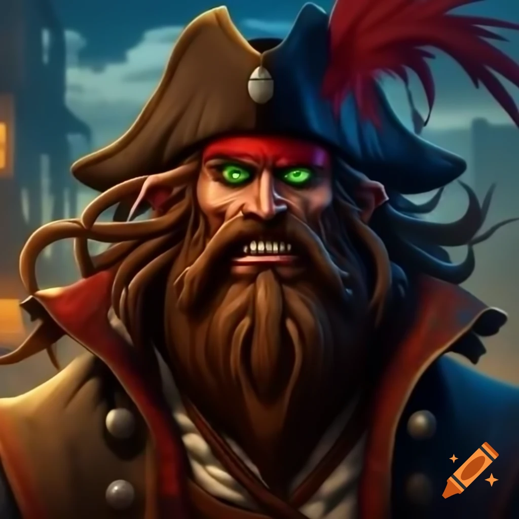 Fierce pirate Captain Redbeard with fiery red beard and green eyes on ...