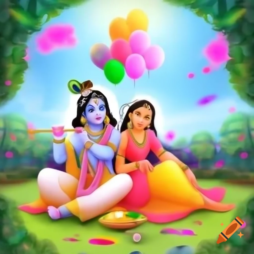 Gods and goddesses celebrating Holi with colors and water, featuring ...