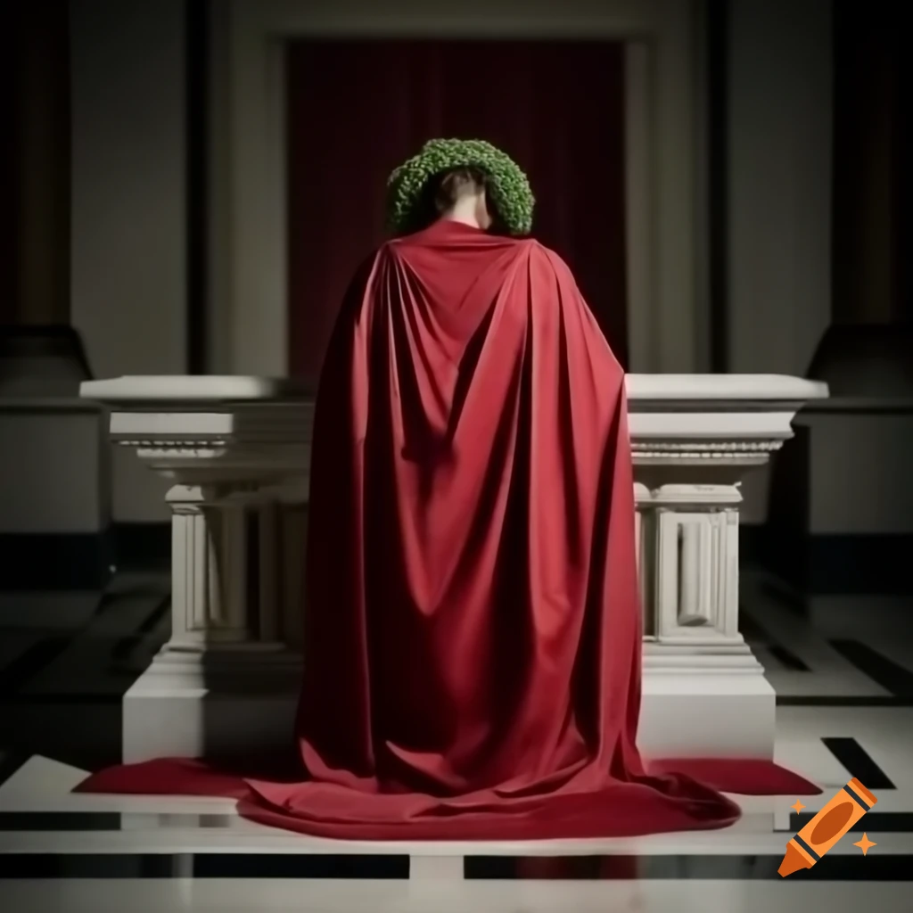 Bloodstained toga on marble bench in Senate with fallen laurel wreath ...