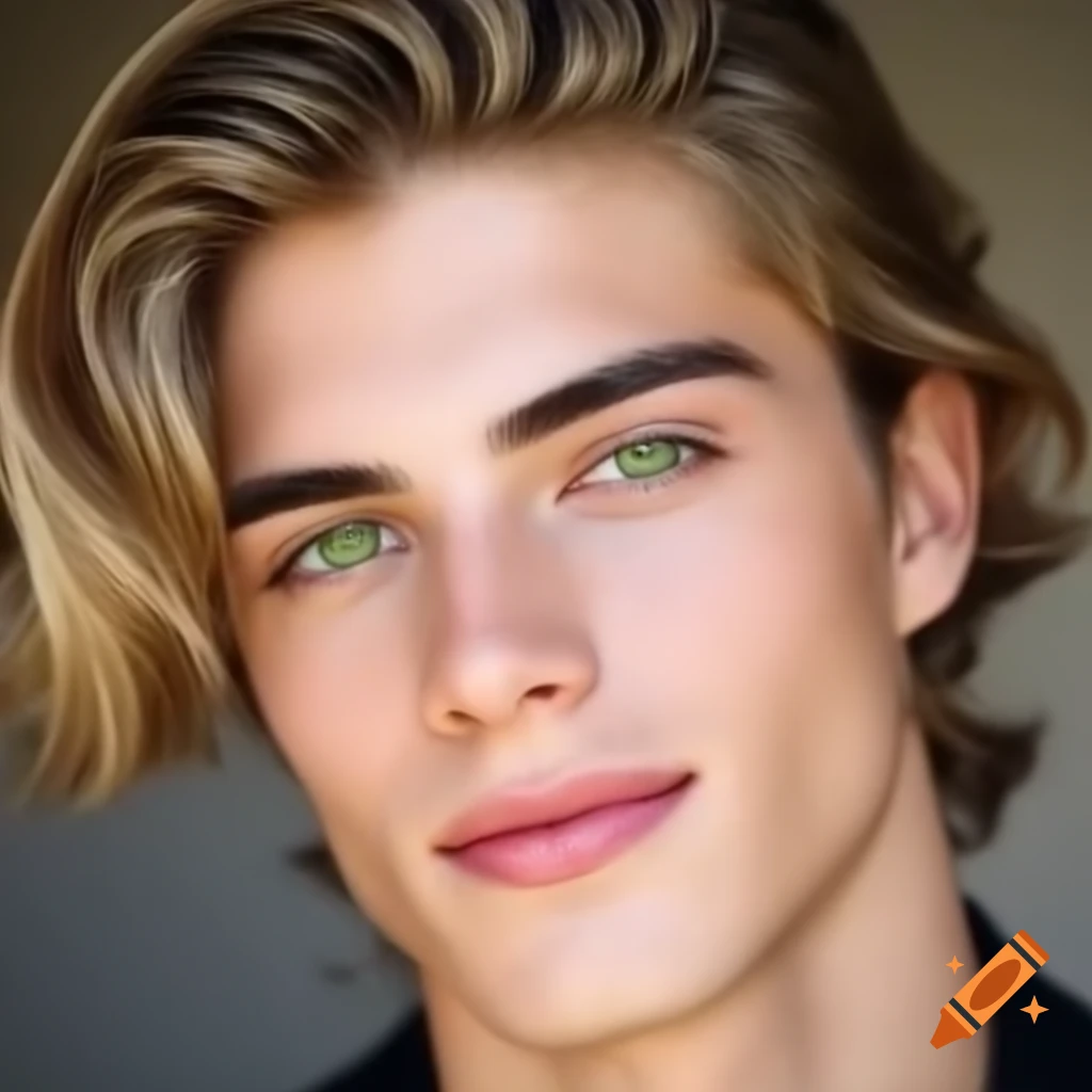 Smiling young Italian man with green eyes and wavy blonde hair on Craiyon