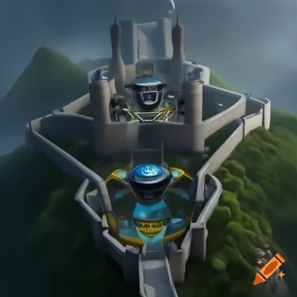 Futuristic fighter spacecrafts attacking lighthouse-on-dungeon fortress ...