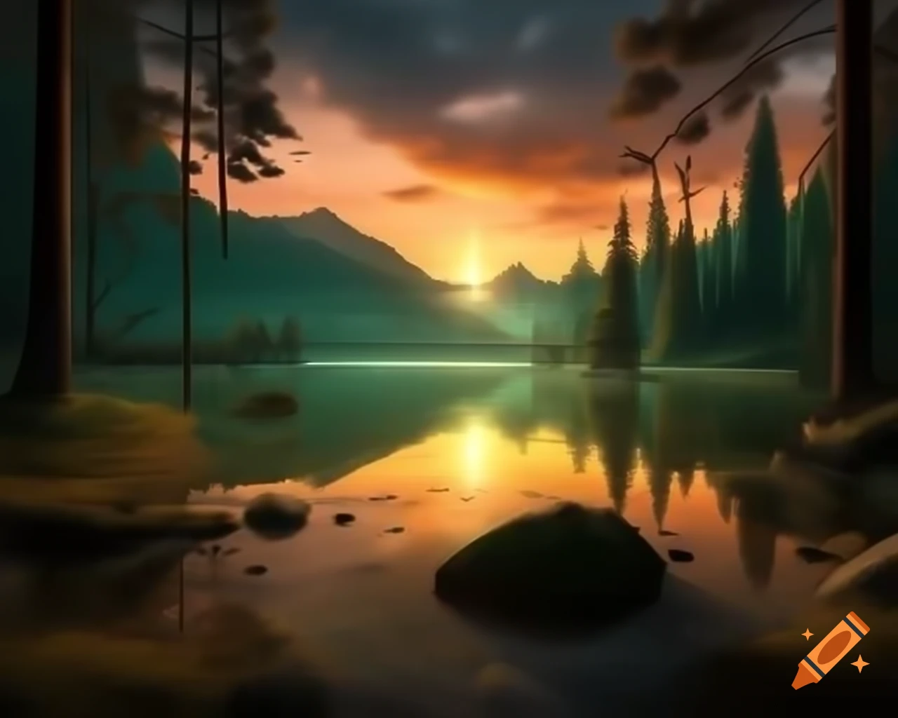 Surrealist fantasy landscape of forest and lake at sunset with ...