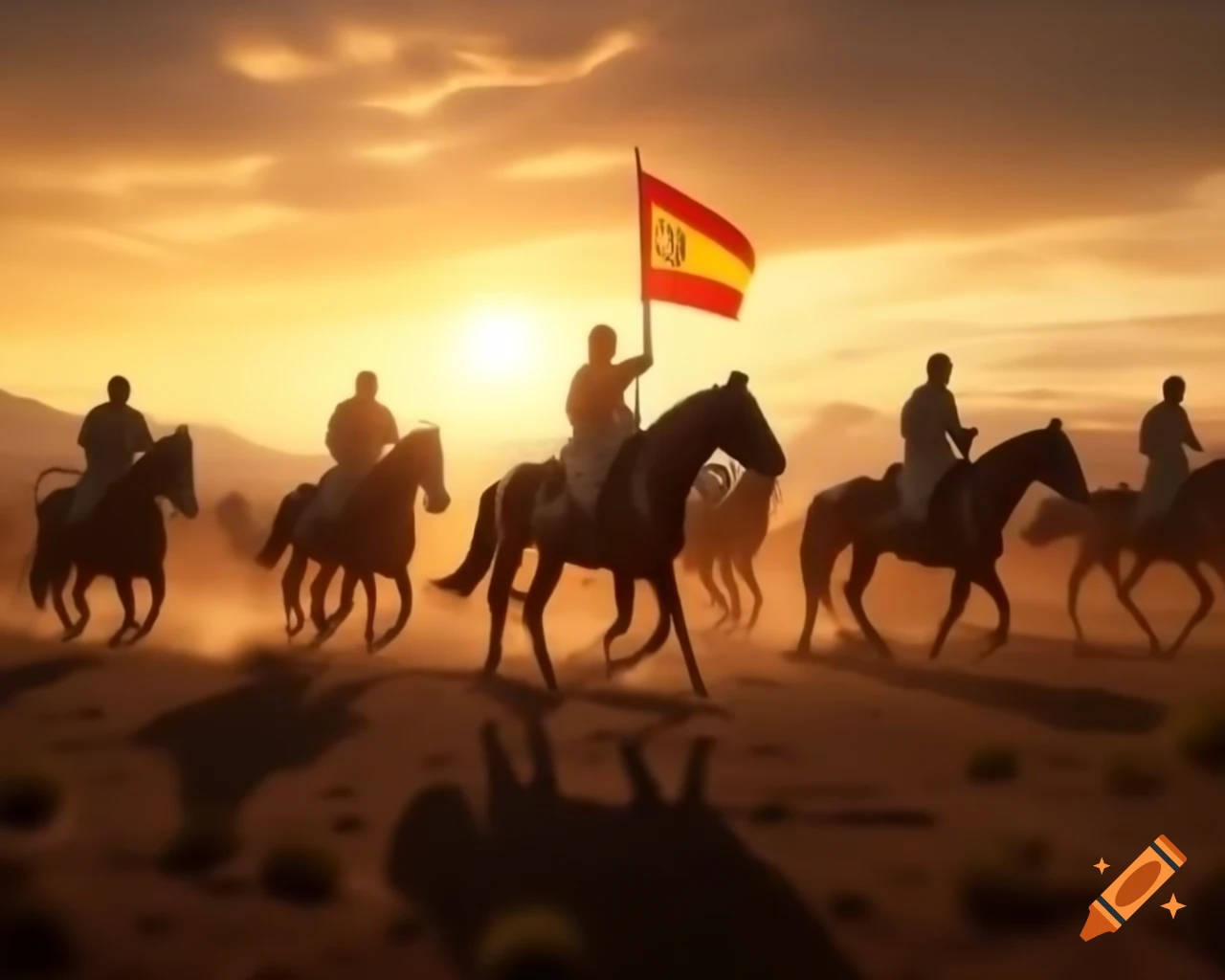 Spanish cavalry standing under sunlight near flag, showcasing ...