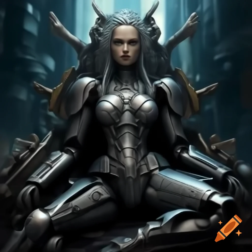 Female cybernetic goddess in dark cyberpunk cityscape, Warhammer 40k ...