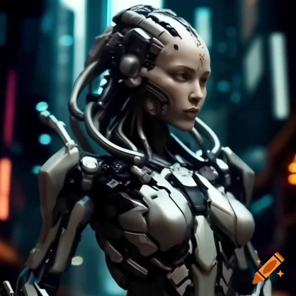 Cybernetic goddess with organic and mechanical parts in dark cyberpunk ...