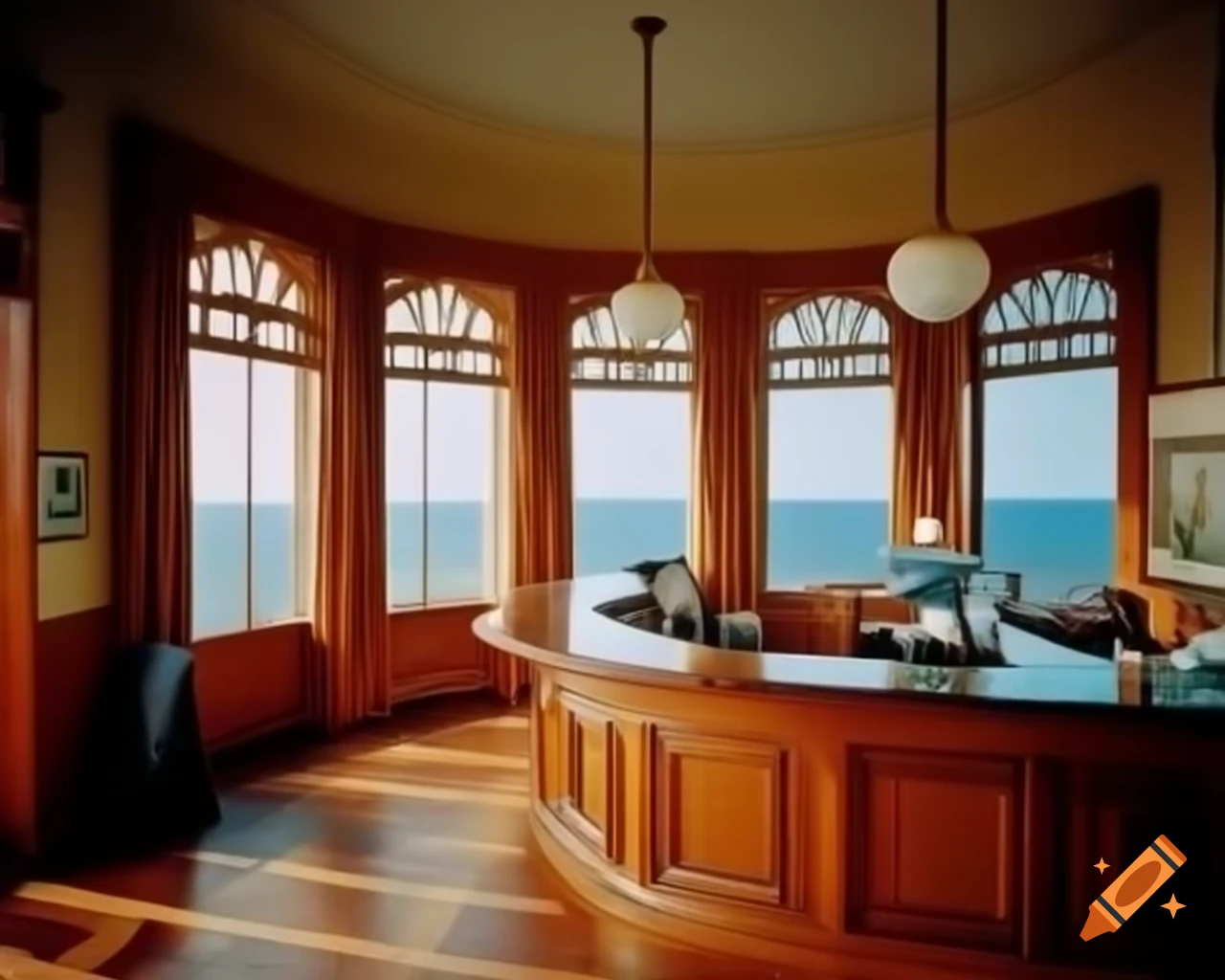 Vibrant guild hall reception desk overlooking the ocean on Craiyon