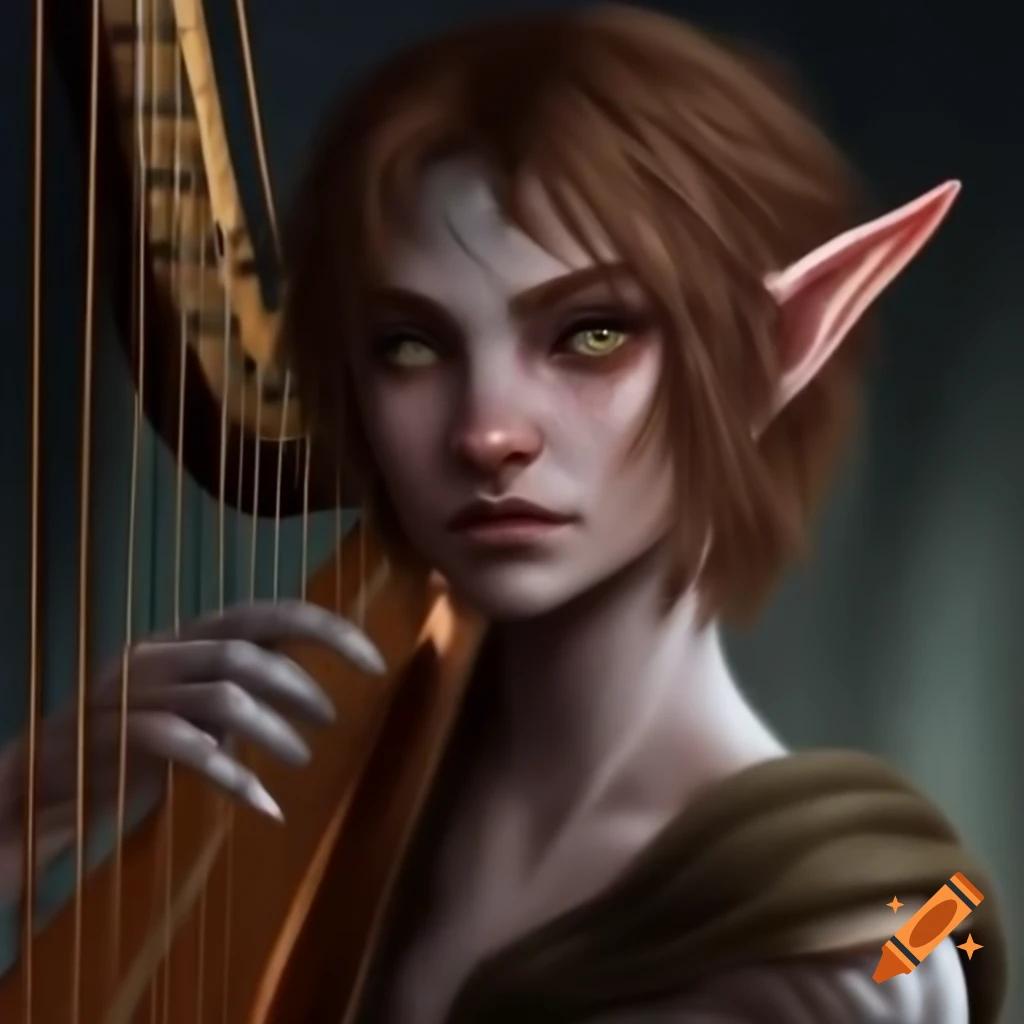Non-binary elf with shaggy brown hair and silver skin holding a harp on ...