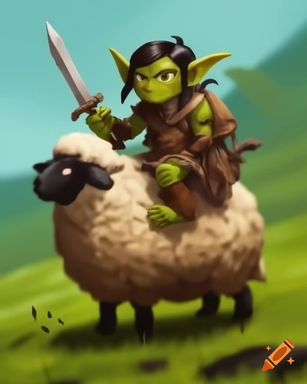Goblin riding fluffy sheep with sword in verdant field on Craiyon