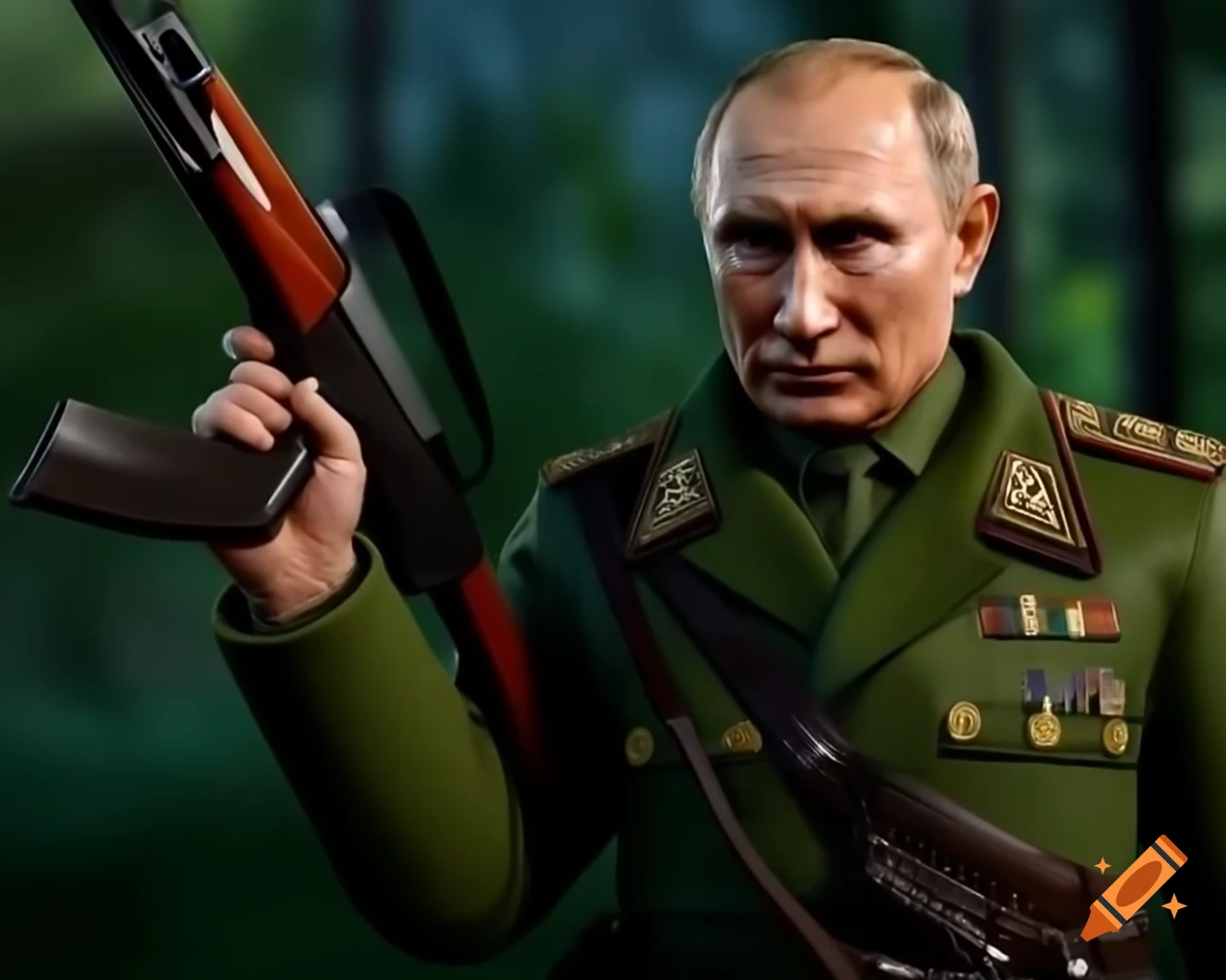 Vladimir Putin in military uniform with AK-47 in forest on Craiyon