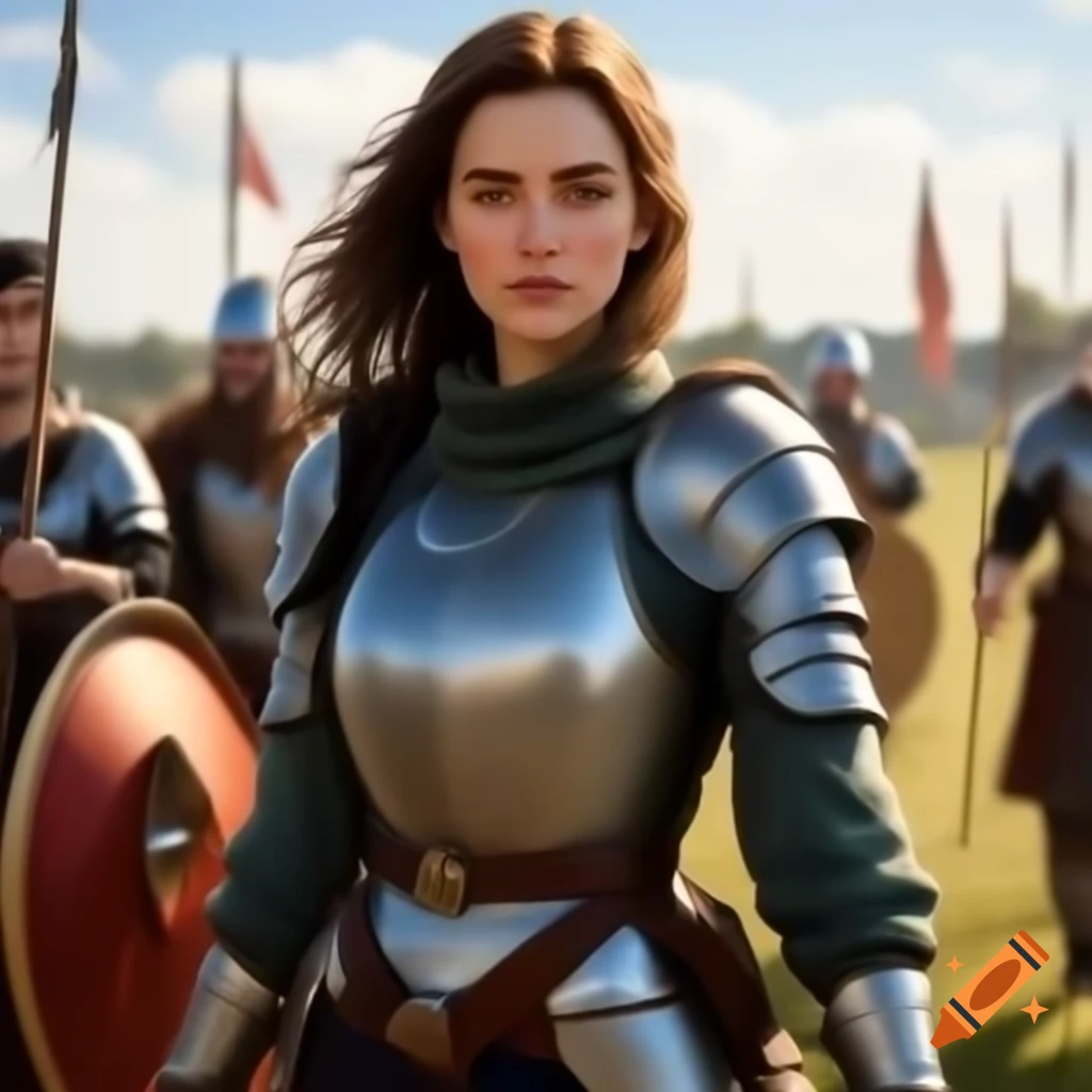 Woman with brown hair in medieval armor leading a military group on a ...
