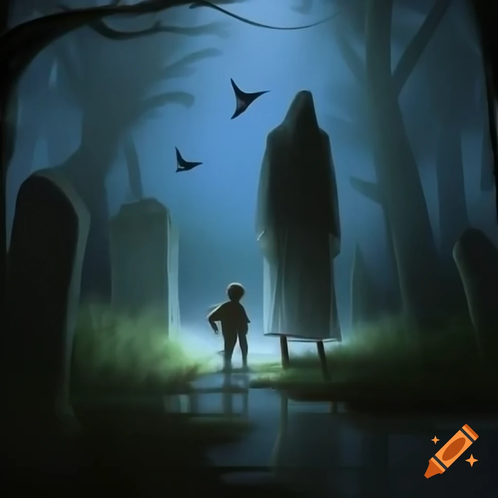 Ethereal lovers in misty graveyard at twilight, hauntingly beautiful ...