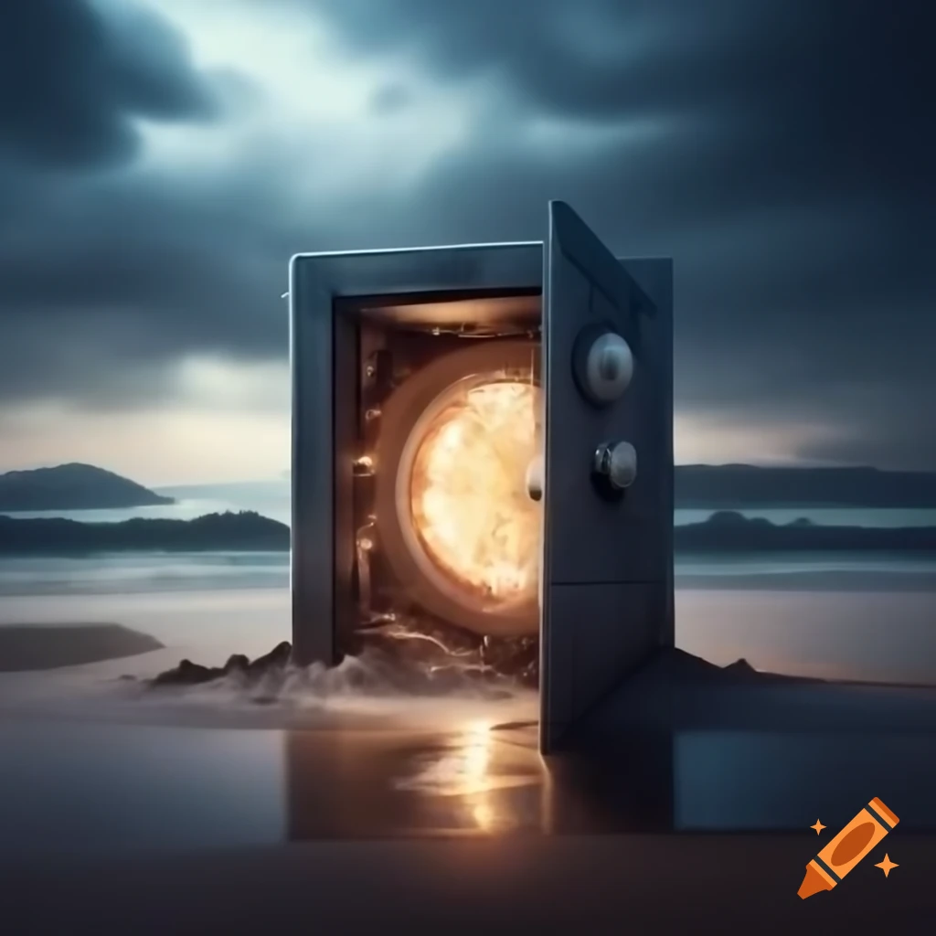 Metallic vault wheel handle with strong light on mystical beach on Craiyon