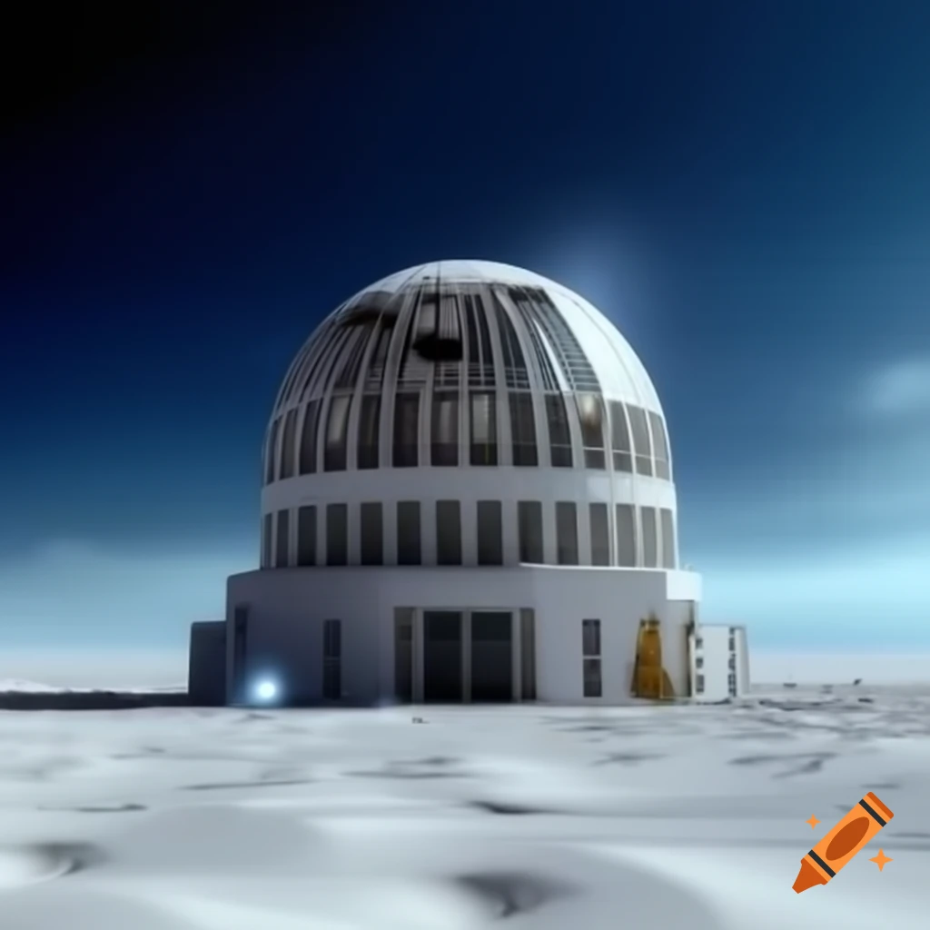 Dome-shaped science-fiction themed building on white floor in space on ...