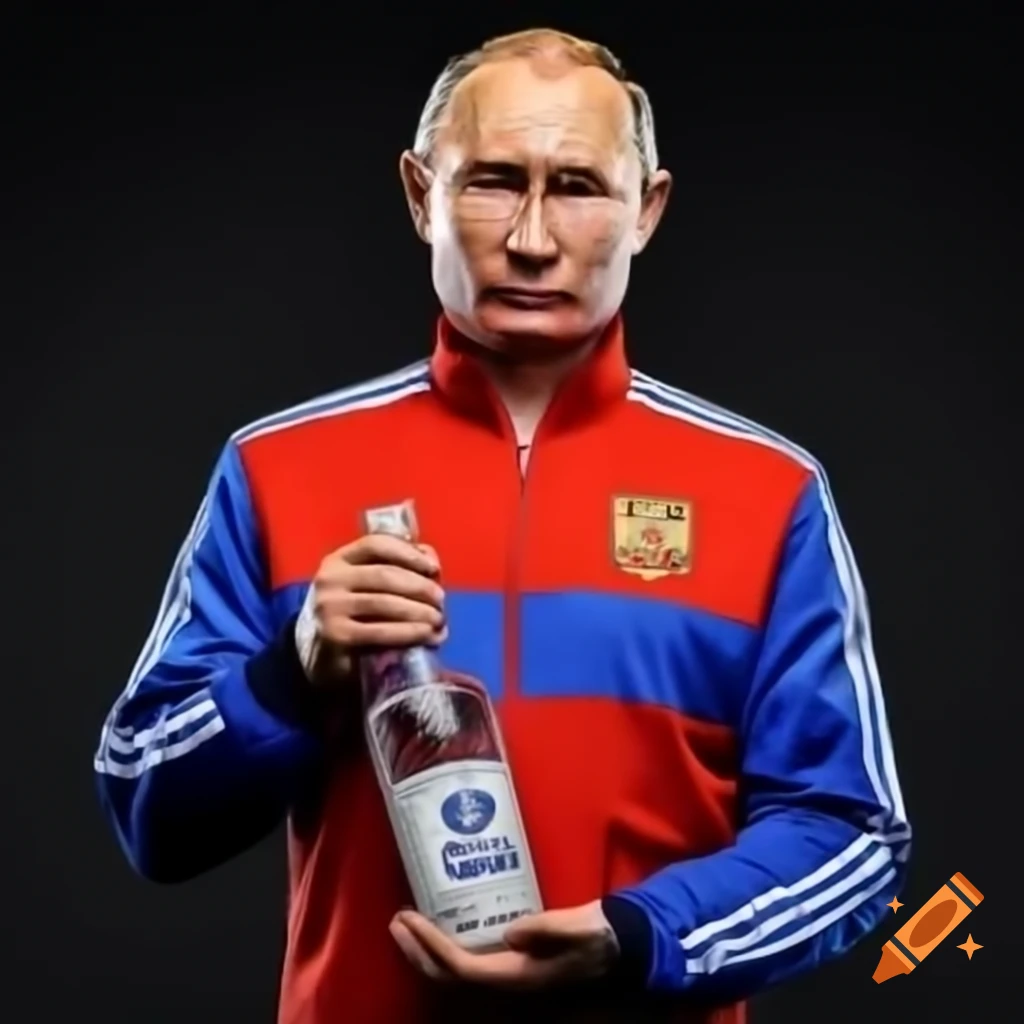 Vladimir putin in gopnik tracksuit holding vodka and kicking soccer ...