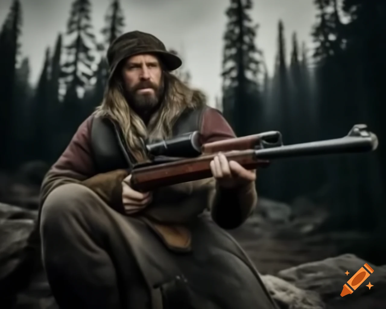 Rugged mountain man with rifle in desolate forest on Craiyon