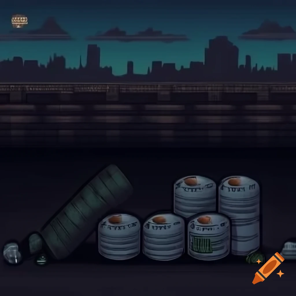 2D pixel-art game background of an urban dump with trash and cracked ...