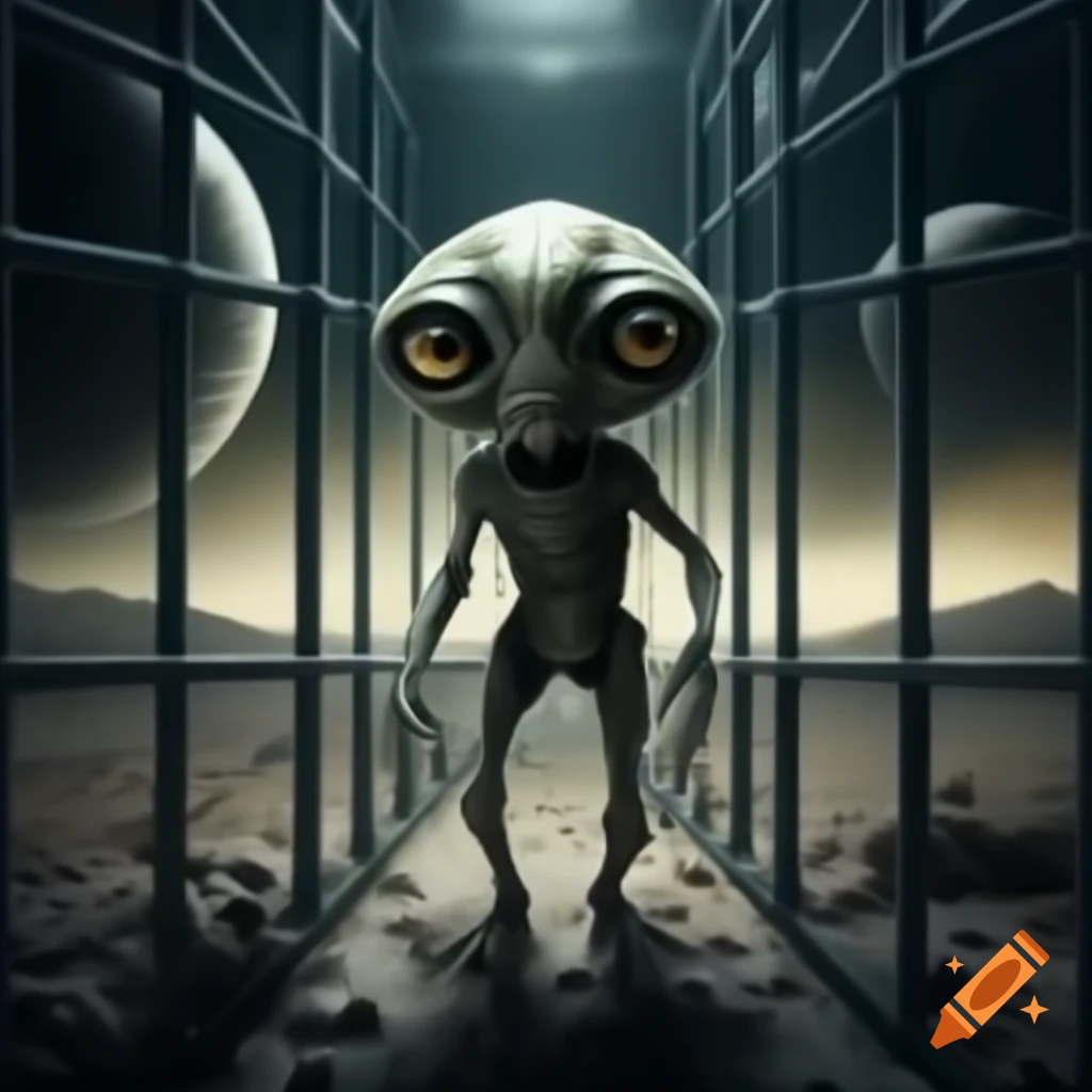 Alien in glass jail cell gazing at horizon with moons illuminating ...