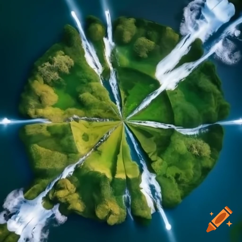 Circular landscape with rivers and waterfalls in divided sections on ...