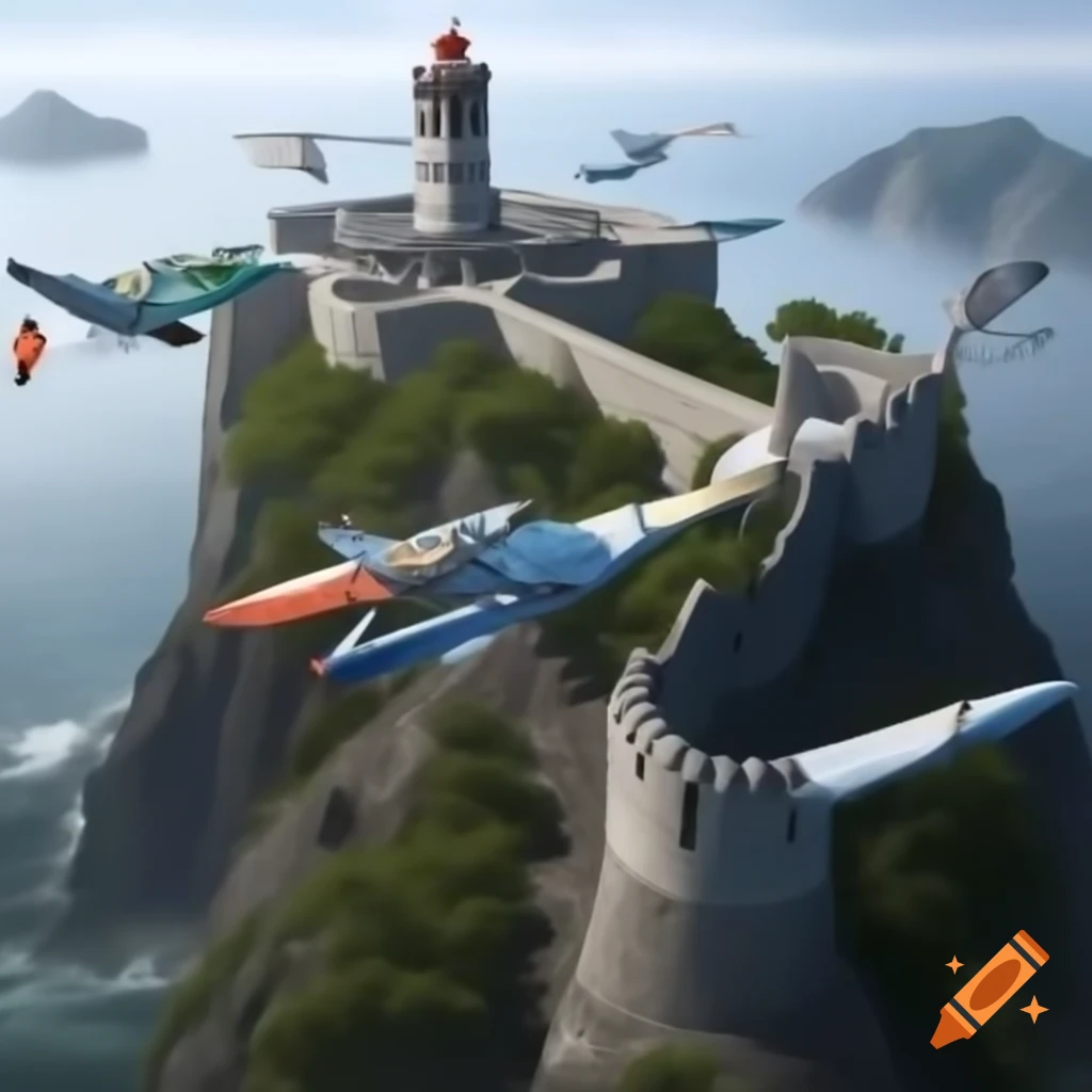 Futuristic colorful warplanes flying over lighthouse fortress on cliff ...