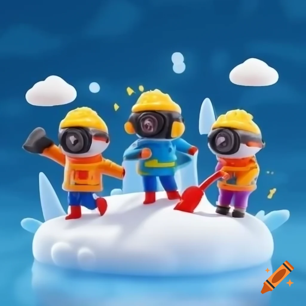 Miniature workers in expedition outfits digging on ice surface on Craiyon