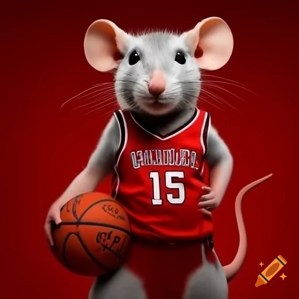 School mascot rat named Stitches in red and black basketball attire on ...