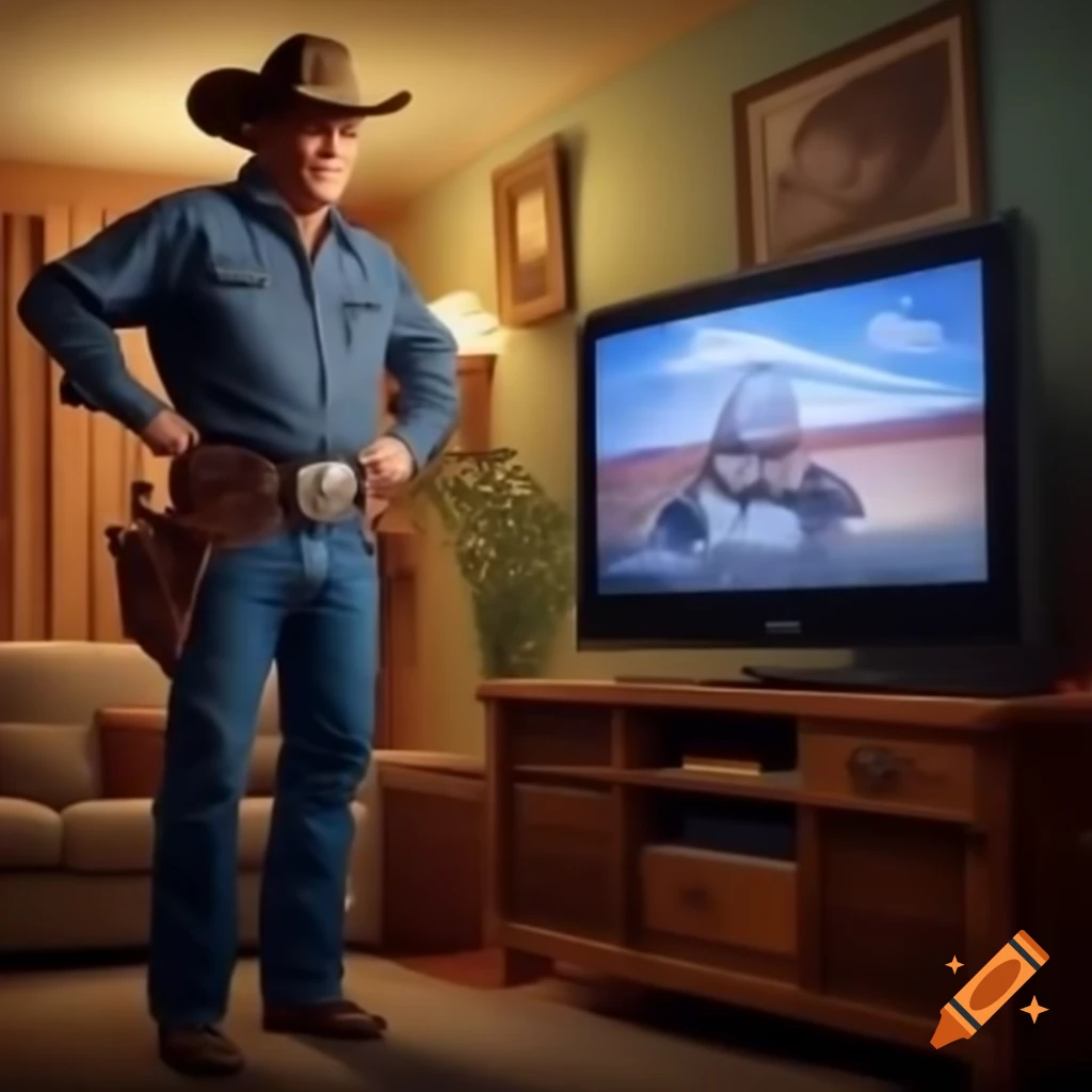 Cowboy in hat standing beside widescreen TV in colorful living room on ...