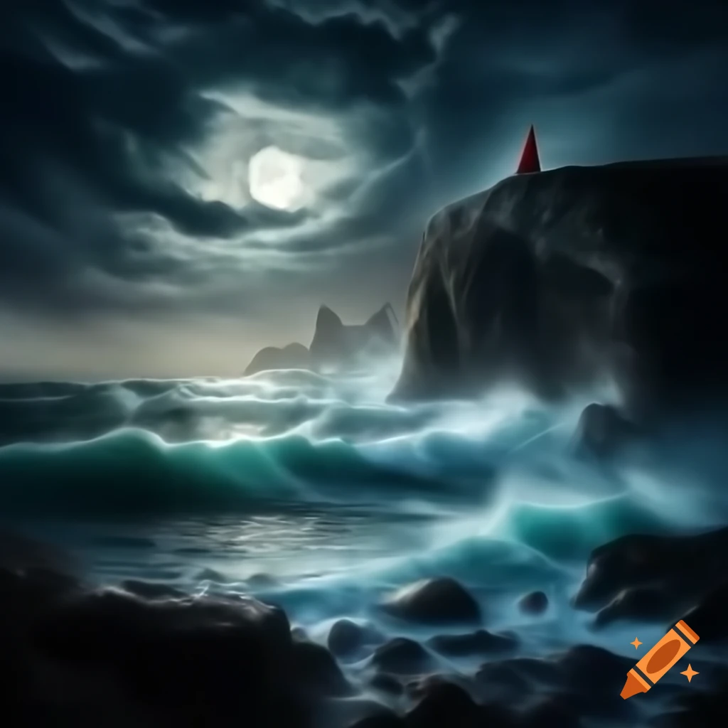 Moonlit cliff above stormy sea with crashing waves and starry sky on ...