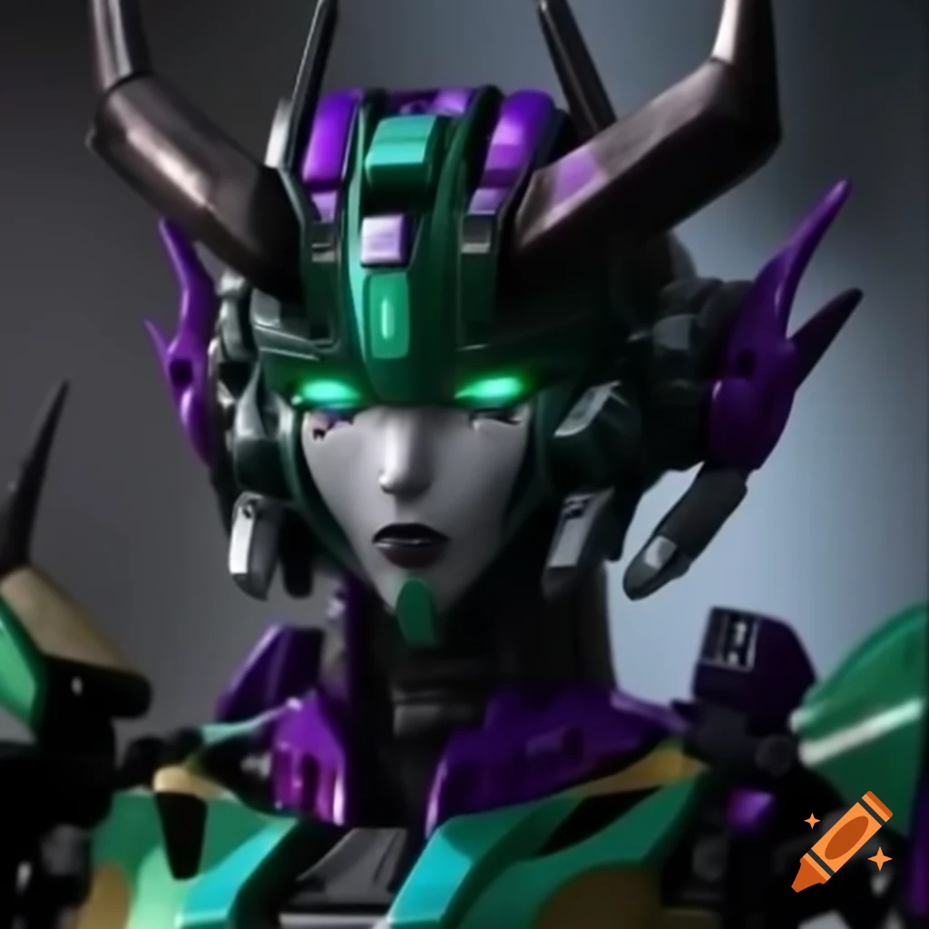 Evil cybertronian transformer robot with horns and sharp features ...