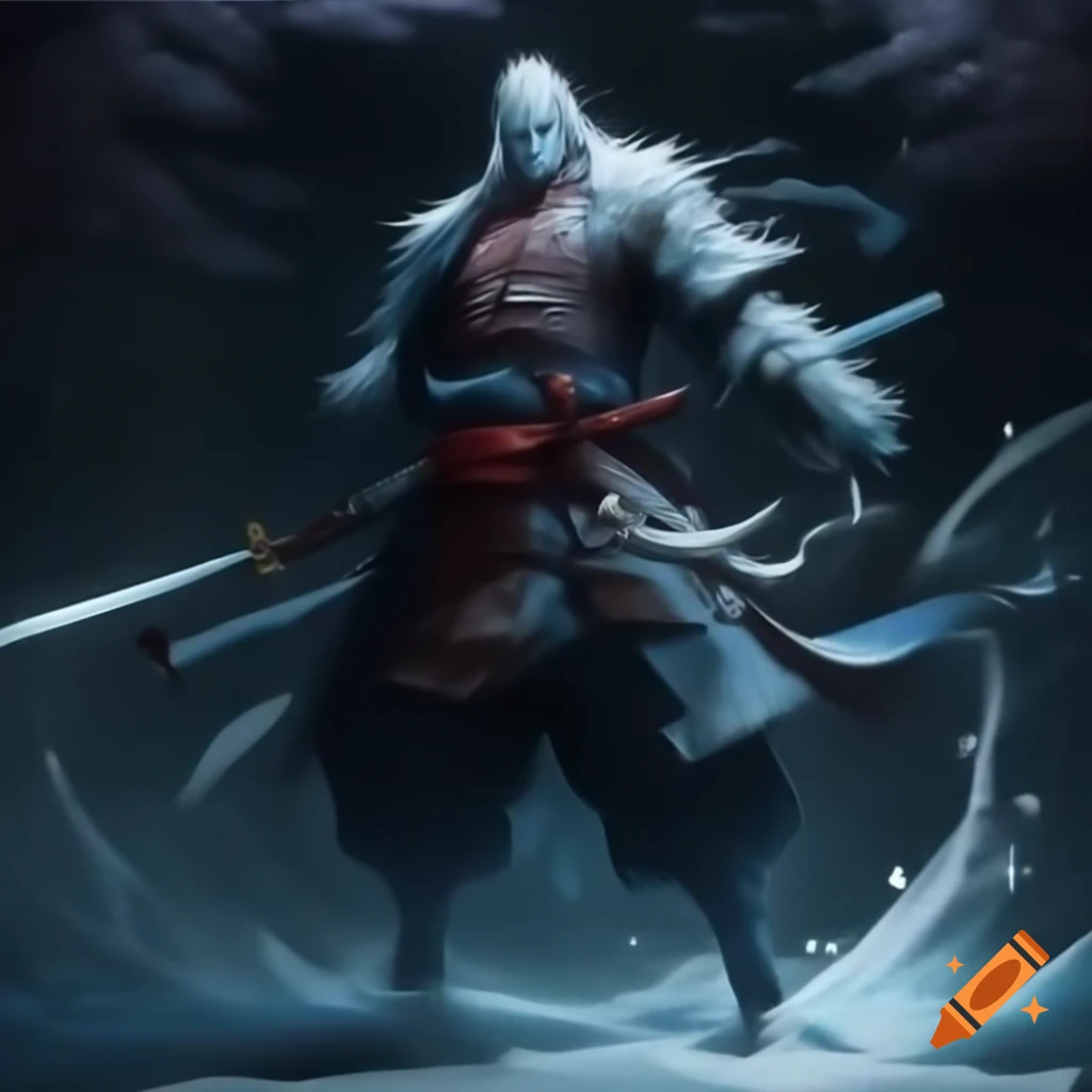 Aoi in unique dark blue samurai attire with icy-white streaks on Craiyon
