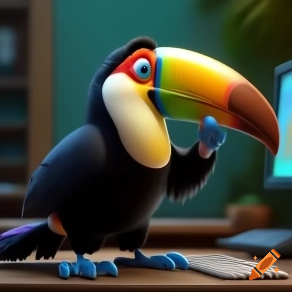 Cartoon toucan with rainbow beak watching computer on Craiyon