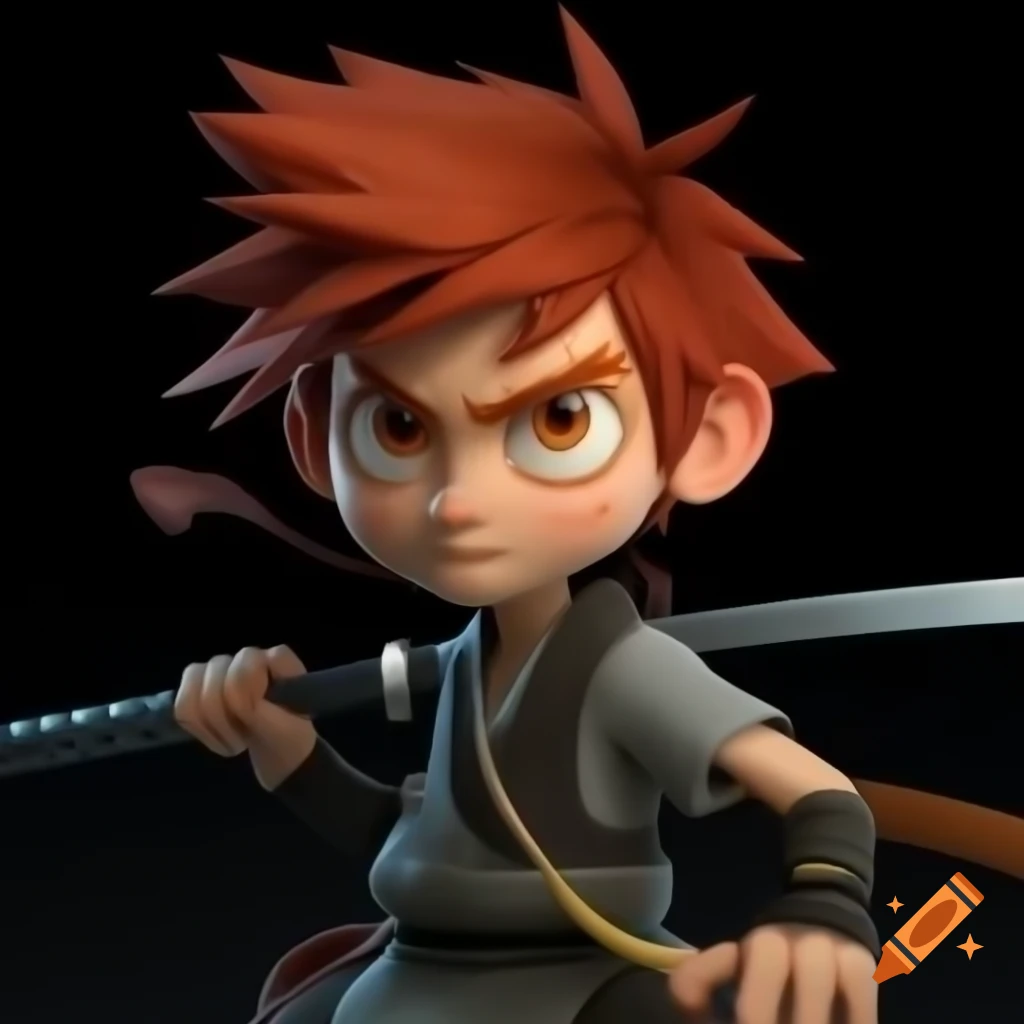 Pale ginger boy dressed as ninja holding sword, posing menacingly on ...