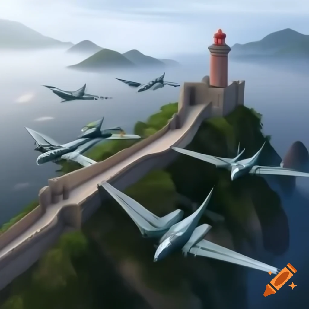 Futuristic colorful warplanes flying over lighthouse fortress on cliff ...