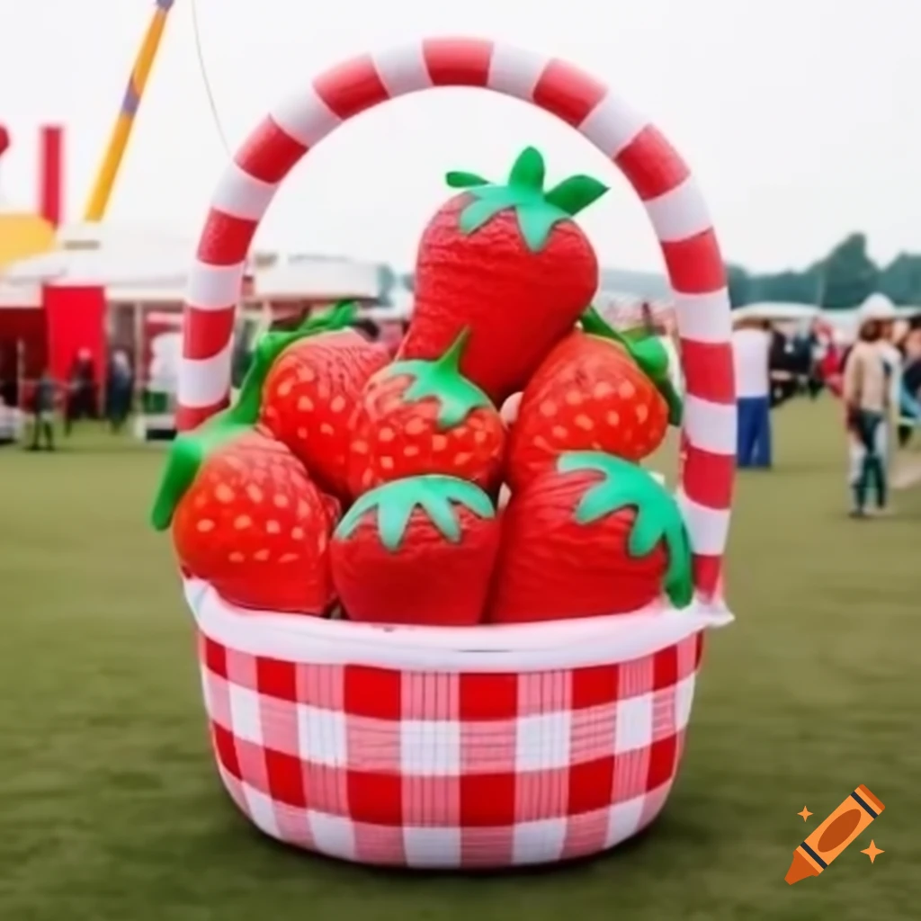 Inflatable basket filled with strawberries at a festival on Craiyon