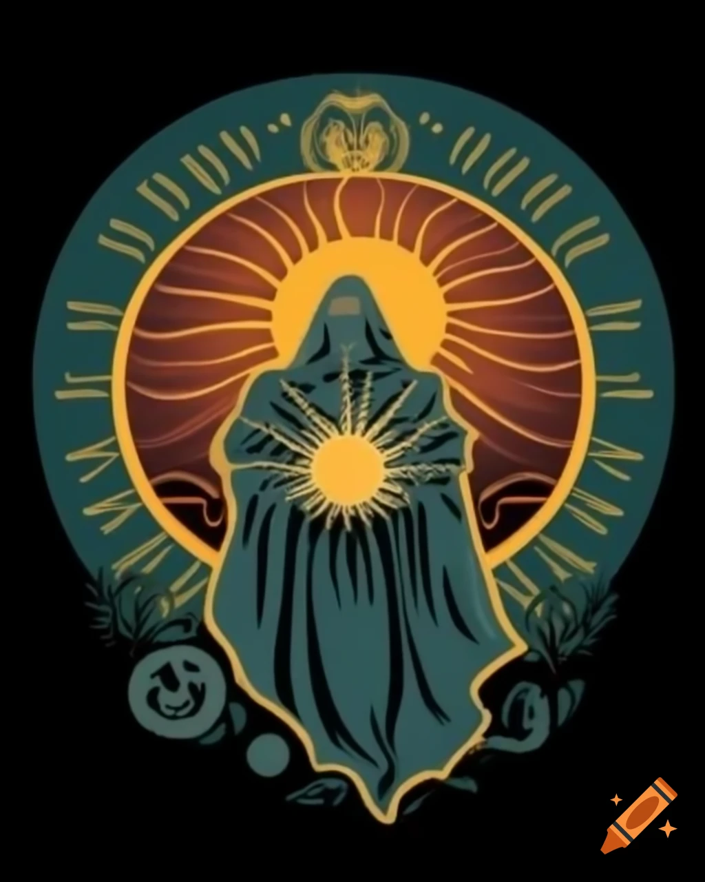 Medieval personified sun with wavy sunbeam and ethereal radiant energy ...