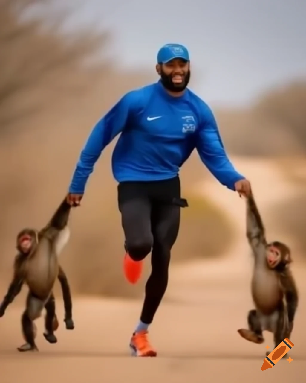 Professional runners holding hands with monkeys while running on Craiyon