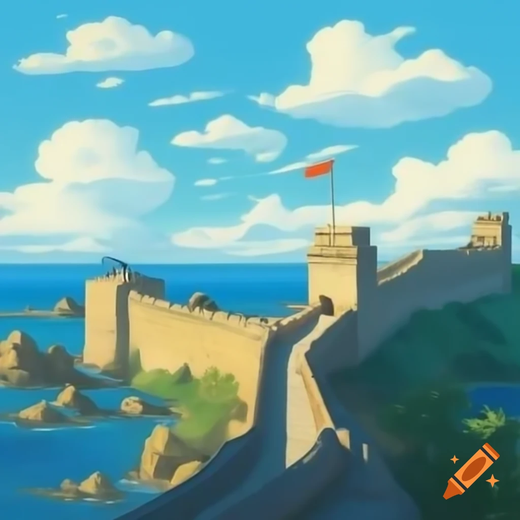 Brightly painted great wall of china along rocky coastline under clear ...