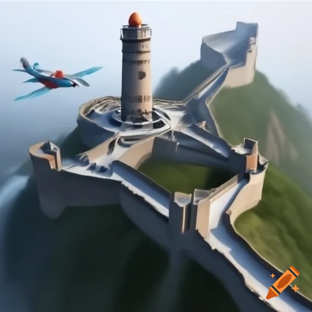 Futuristic colorful warplanes flying over lighthouse fortress on cliff ...
