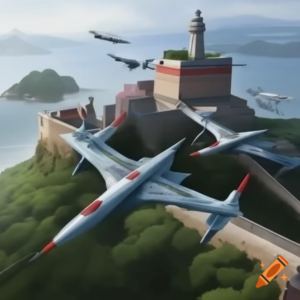 Futuristic colorful warplanes flying over lighthouse fortress on cliff ...