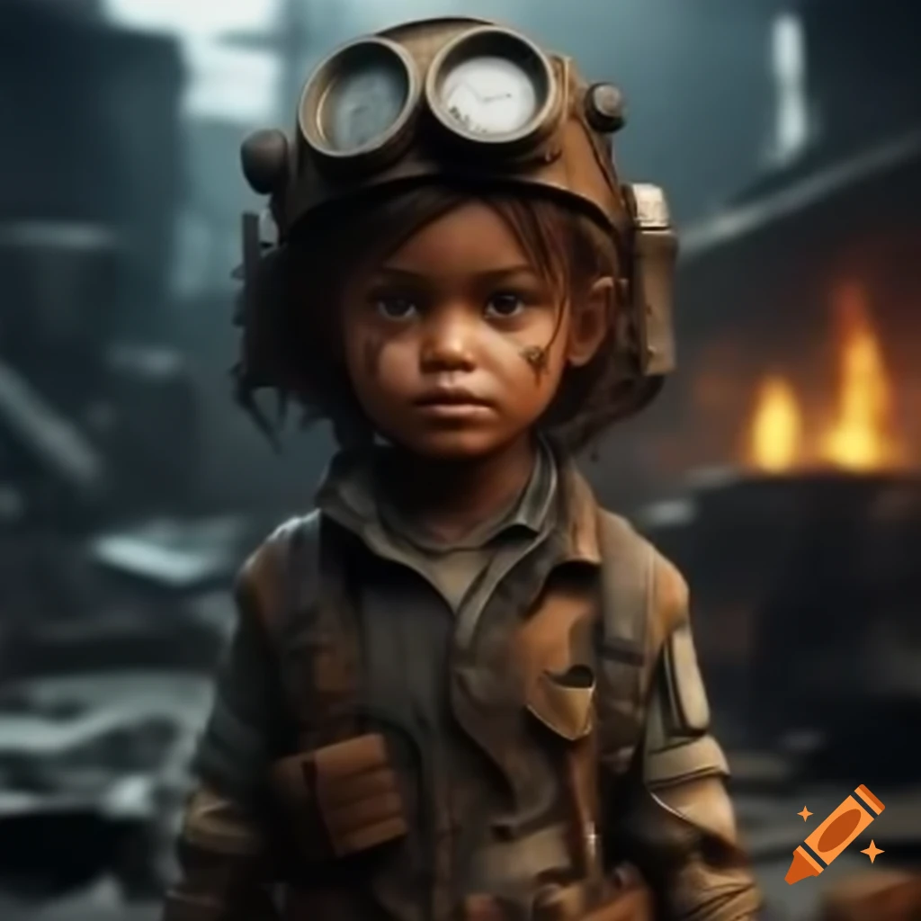 Child apprentice nurse in full PPE in a post-apocalyptic setting on Craiyon