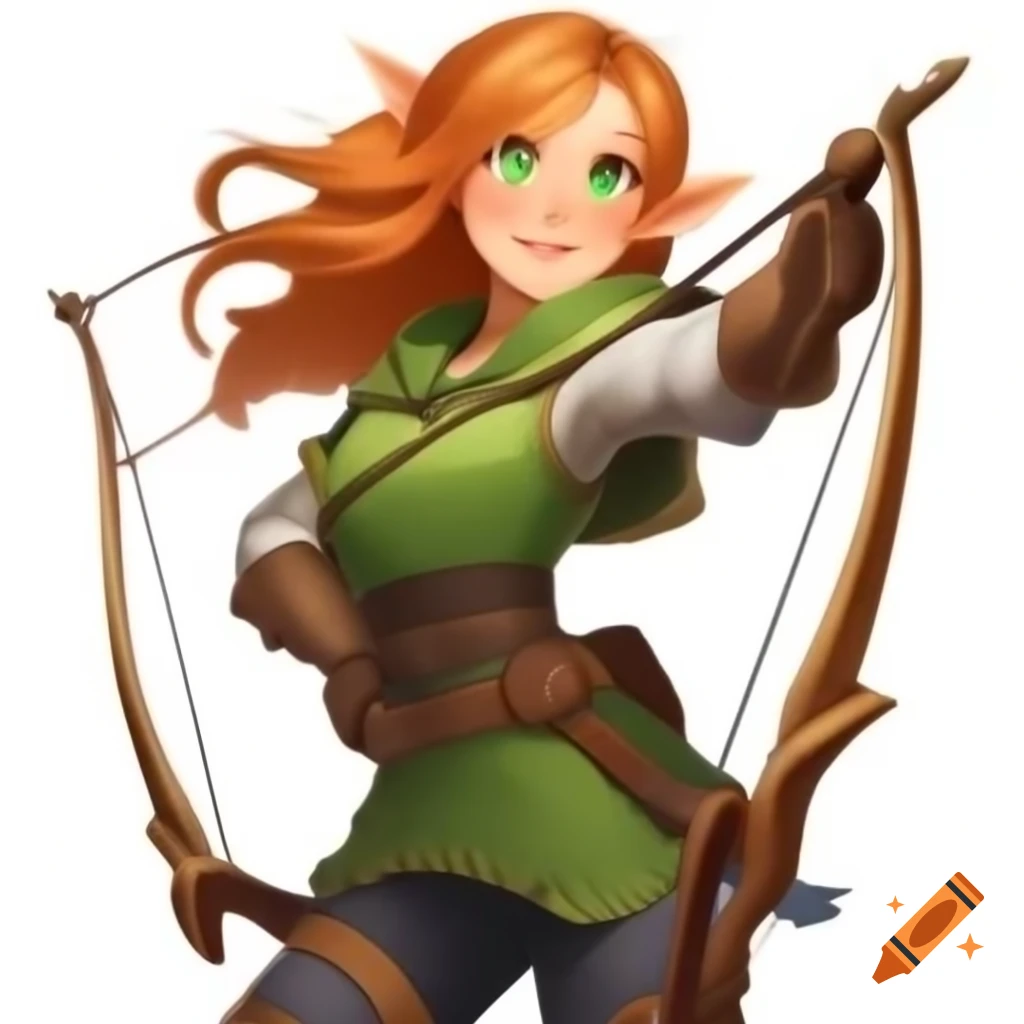 Young woman ranger with ginger hair and elf-like ears in leather armor ...